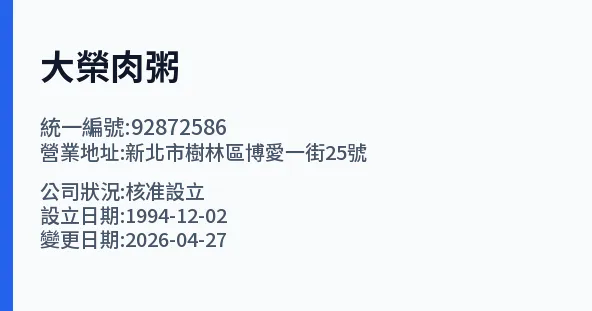 大榮肉粥的照片-統編 92872586(新北市) 公司登記資料與營業項目詳細圖表