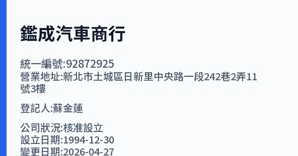 鑑成汽車商行的照片-統編 92872925(新北市) 公司登記資料與營業項目詳細圖表