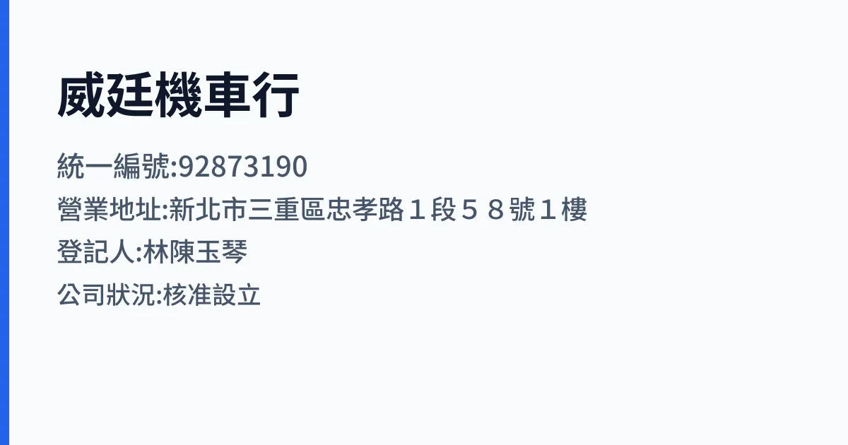 威廷機車行 - 統編 92873190(新北市) 公司登記資料與營業項目詳細圖表