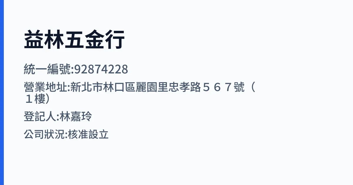 益林五金行 - 統編 92874228(新北市) 公司登記資料與營業項目詳細圖表