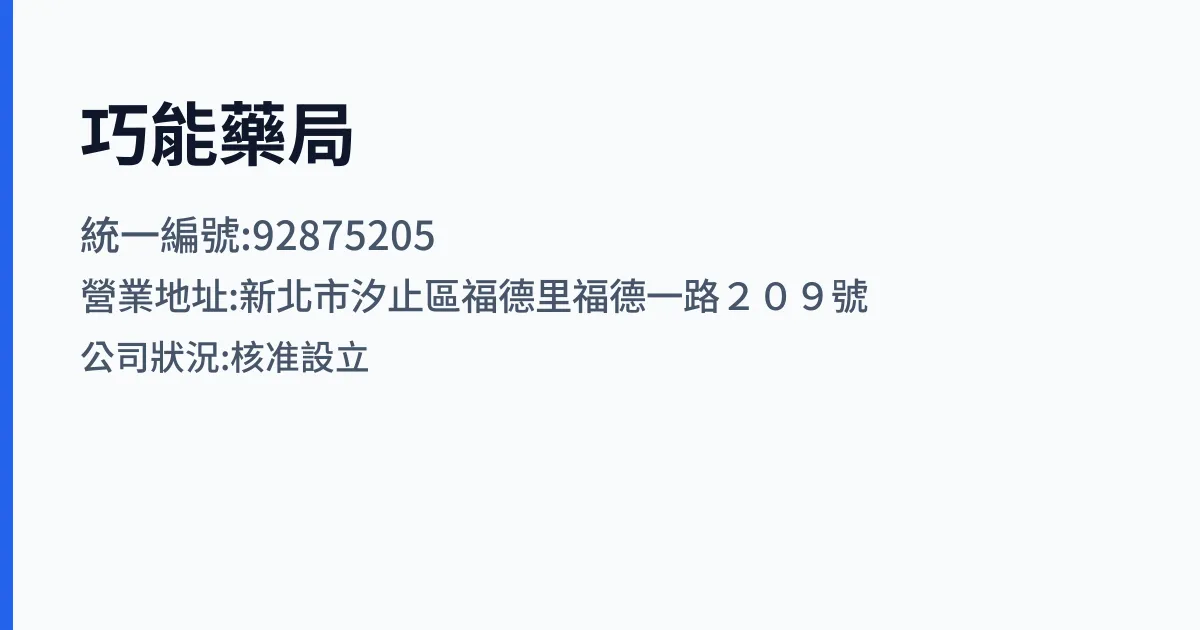 巧能藥局 - 統編 92875205(新北市) 公司登記資料與營業項目詳細圖表