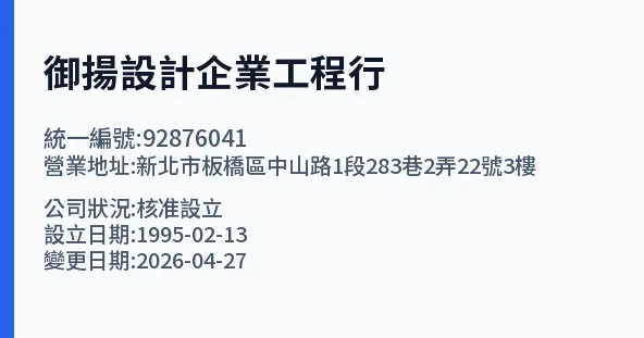 御揚設計企業工程行的照片-統編 92876041(新北市) 公司登記資料與營業項目詳細圖表