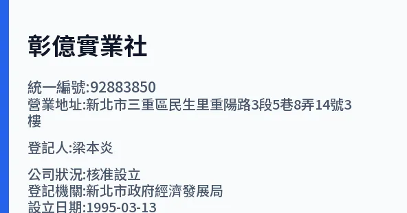 彰億實業社的照片-統編 92883850(新北市) 公司登記資料與營業項目詳細圖表
