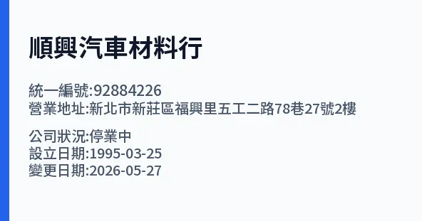 順興汽車材料行的照片-統編 92884226(新北市) 公司登記資料與營業項目詳細圖表