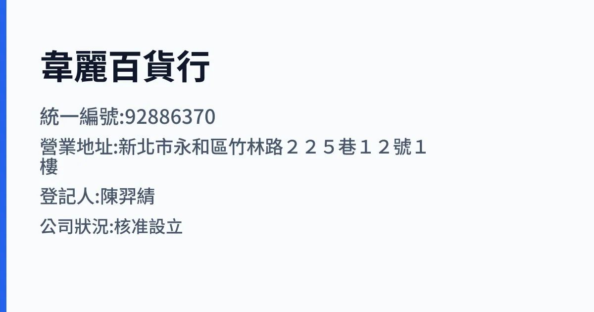 韋麗百貨行 - 統編 92886370(新北市) 公司登記資料與營業項目詳細圖表