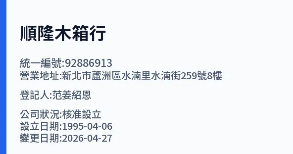 順隆木箱行的照片-統編 92886913(新北市) 公司登記資料與營業項目詳細圖表