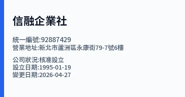 信融企業社的照片-統編 92887429(新北市) 公司登記資料與營業項目詳細圖表