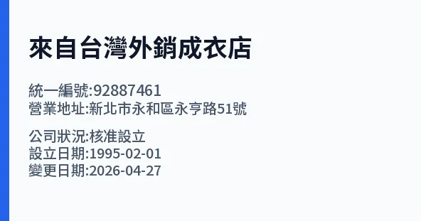 來自台灣外銷成衣店的照片-統編 92887461(新北市) 公司登記資料與營業項目詳細圖表