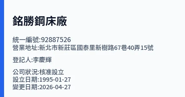 銘勝鋼床廠的照片-統編 92887526(新北市) 公司登記資料與營業項目詳細圖表