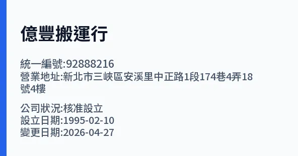 億豐搬運行的照片-統編 92888216(新北市) 公司登記資料與營業項目詳細圖表