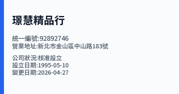 璟慧精品行的照片-統編 92892746(新北市) 公司登記資料與營業項目詳細圖表