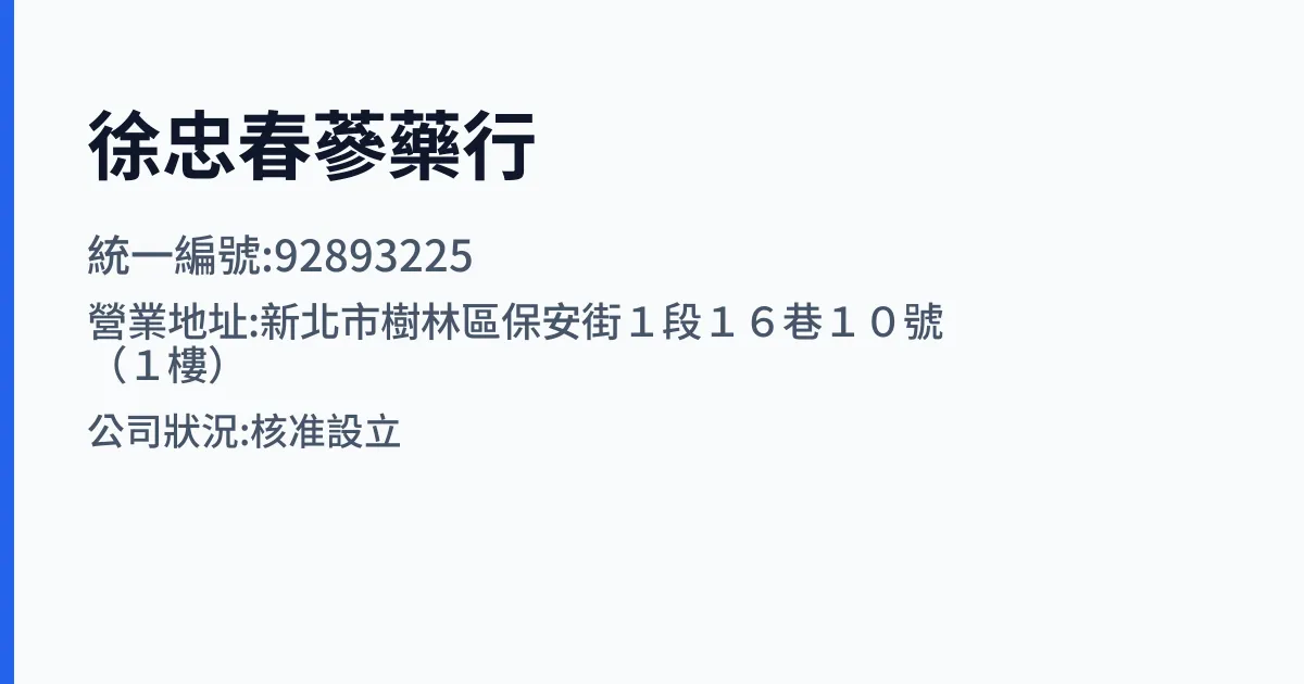 徐忠春蔘藥行 - 統編 92893225(新北市) 公司登記資料與營業項目詳細圖表