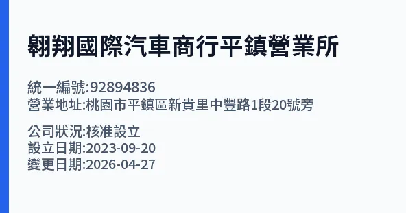 翱翔國際汽車商行平鎮營業所的照片-統編 92894836(桃園市) 公司登記資料與營業項目詳細圖表