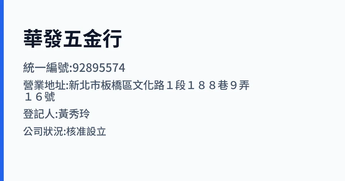 華發五金行 - 統編 92895574(新北市) 公司登記資料與營業項目詳細圖表