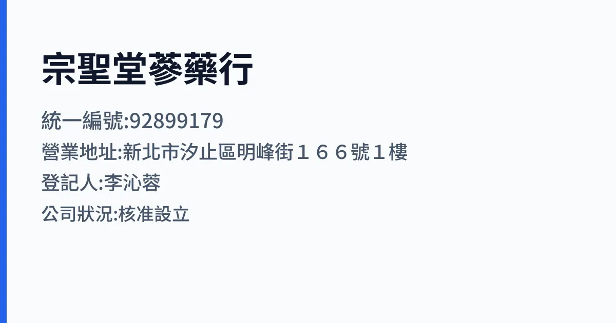 宗聖堂蔘藥行 - 統編 92899179(新北市) 公司登記資料與營業項目詳細圖表