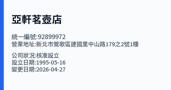 亞軒茗壺店的照片-統編 92899972(新北市) 公司登記資料與營業項目詳細圖表