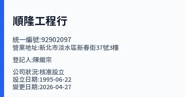順隆工程行的照片-統編 92902097(新北市) 公司登記資料與營業項目詳細圖表