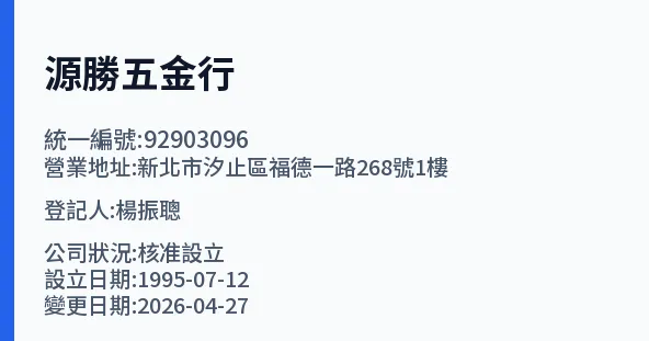 源勝五金行的照片-統編 92903096(新北市) 公司登記資料與營業項目詳細圖表