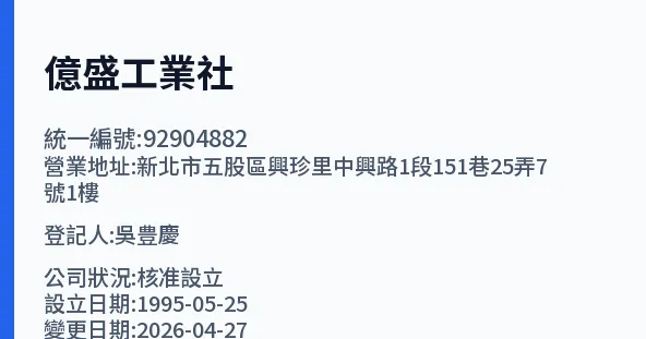 億盛工業社的照片-統編 92904882(新北市) 公司登記資料與營業項目詳細圖表
