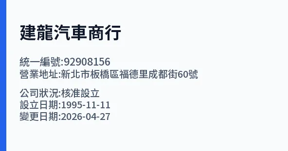 建龍汽車商行的照片-統編 92908156(新北市) 公司登記資料與營業項目詳細圖表