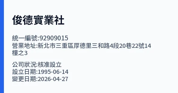 俊德實業社的照片-統編 92909015(新北市) 公司登記資料與營業項目詳細圖表