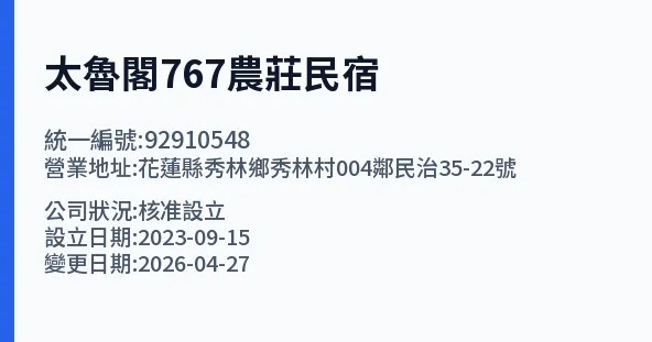 太魯閣767農莊民宿的照片-統編 92910548(花蓮縣) 公司登記資料與營業項目詳細圖表