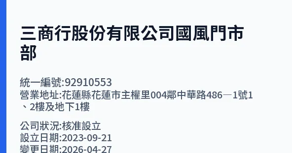 三商行股份有限公司國風門市部的照片-統編 92910553(花蓮縣) 公司登記資料與營業項目詳細圖表
