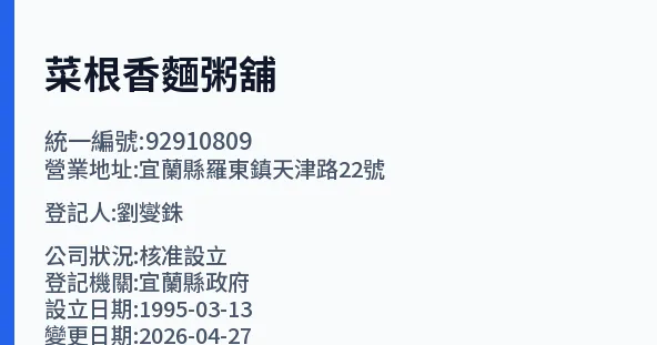菜根香麵粥舖的照片-統編 92910809(宜蘭縣) 公司登記資料與營業項目詳細圖表