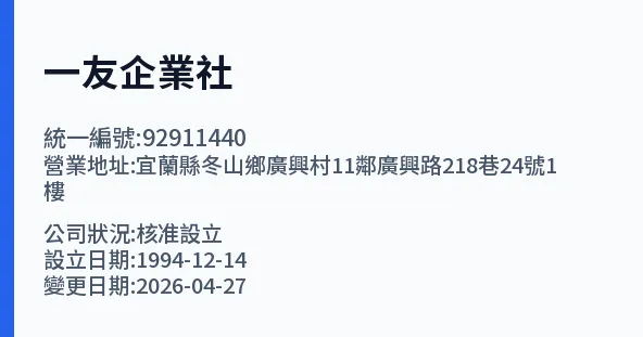一友企業社的照片-統編 92911440(宜蘭縣) 公司登記資料與營業項目詳細圖表