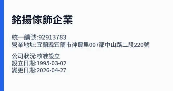 銘揚傢飾企業的照片-統編 92913783(宜蘭縣) 公司登記資料與營業項目詳細圖表
