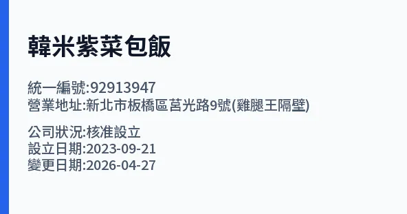 韓米紫菜包飯的照片-統編 92913947(新北市) 公司登記資料與營業項目詳細圖表