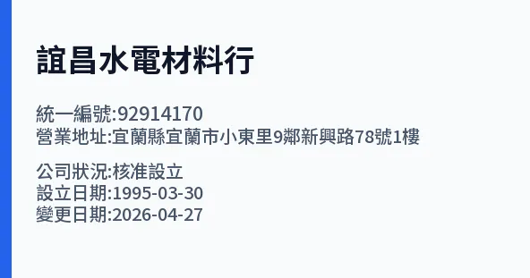 誼昌水電材料行的照片-統編 92914170(宜蘭縣) 公司登記資料與營業項目詳細圖表