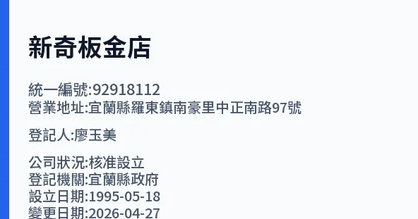 新奇板金店的照片-統編 92918112(宜蘭縣) 公司登記資料與營業項目詳細圖表