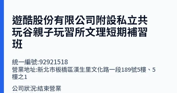 遊酷股份有限公司附設私立共玩谷親子玩習所文理短期補習班的照片-統編 92921518(新北市) 公司登記資料與營業項目詳細圖表