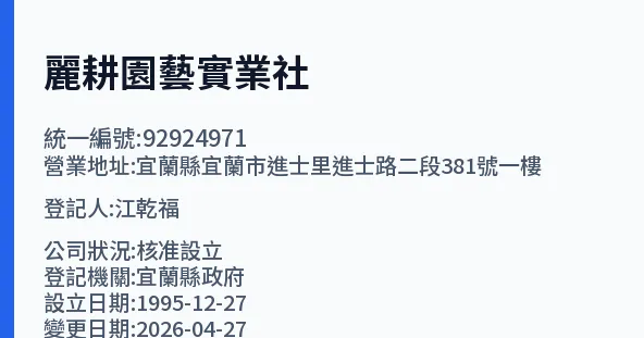 麗耕園藝實業社的照片-統編 92924971(宜蘭縣) 公司登記資料與營業項目詳細圖表