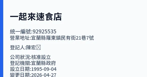 一起來速食店的照片-統編 92925535(宜蘭縣) 公司登記資料與營業項目詳細圖表