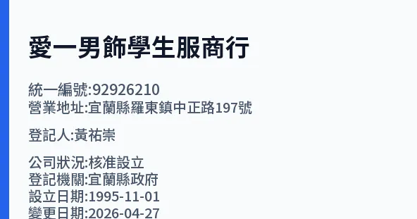 愛一男飾學生服商行的照片-統編 92926210(宜蘭縣) 公司登記資料與營業項目詳細圖表