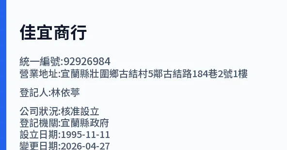 佳宜商行的照片-統編 92926984(宜蘭縣) 公司登記資料與營業項目詳細圖表