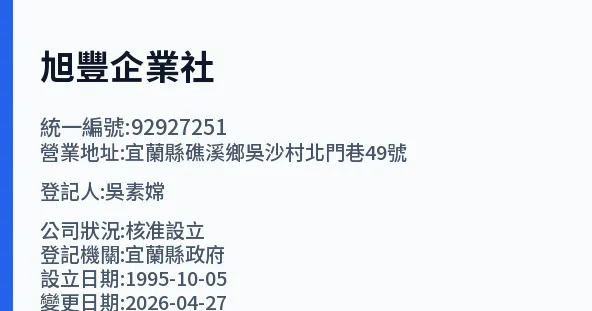 旭豐企業社的照片-統編 92927251(宜蘭縣) 公司登記資料與營業項目詳細圖表