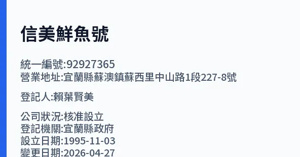 信美鮮魚號的照片-統編 92927365(宜蘭縣) 公司登記資料與營業項目詳細圖表