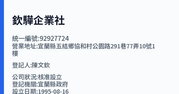 欽驊企業社的照片-統編 92927724(宜蘭縣) 公司登記資料與營業項目詳細圖表
