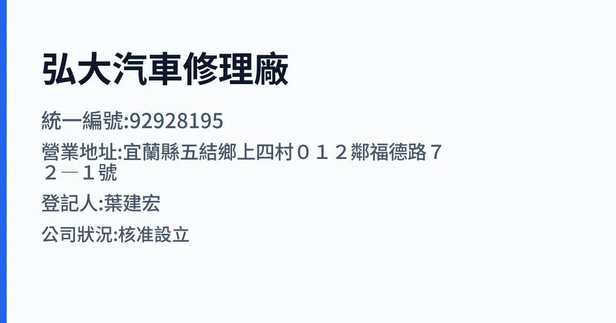 弘大汽車修理廠 - 統編 92928195(宜蘭縣) 公司登記資料與營業項目詳細圖表