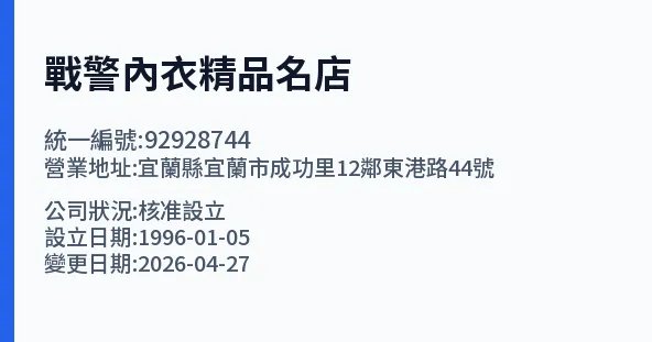 戰警內衣精品名店的照片-統編 92928744(宜蘭縣) 公司登記資料與營業項目詳細圖表