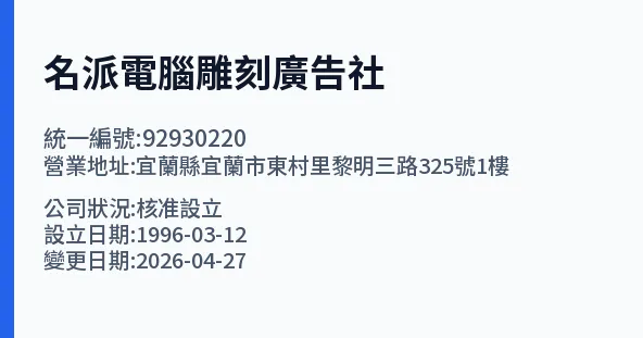 名派電腦雕刻廣告社的照片-統編 92930220(宜蘭縣) 公司登記資料與營業項目詳細圖表