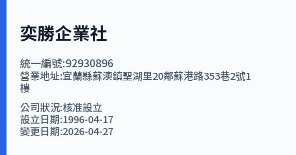奕勝企業社的照片-統編 92930896(宜蘭縣) 公司登記資料與營業項目詳細圖表