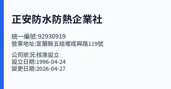 正安防水防熱企業社的照片-統編 92930919(宜蘭縣) 公司登記資料與營業項目詳細圖表