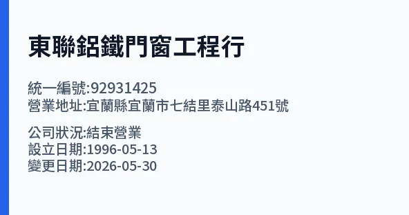 東聯鋁鐵門窗工程行的照片-統編 92931425(宜蘭縣) 公司登記資料與營業項目詳細圖表