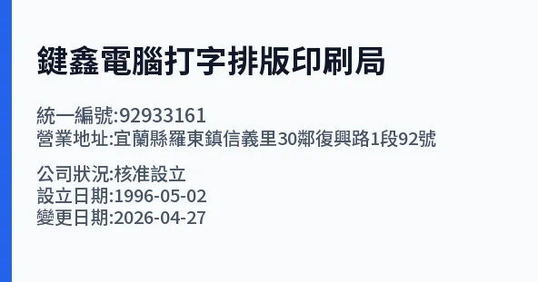 鍵鑫電腦打字排版印刷局的照片-統編 92933161(宜蘭縣) 公司登記資料與營業項目詳細圖表