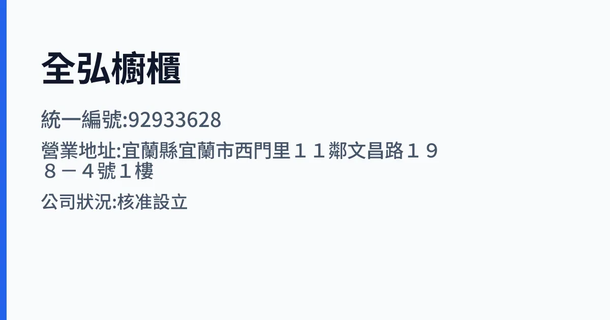 全弘櫥櫃 - 統編 92933628(宜蘭縣) 公司登記資料與營業項目詳細圖表