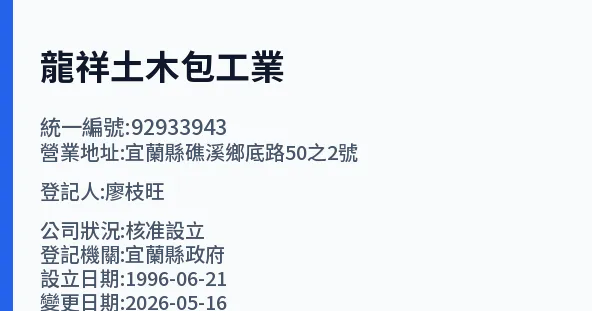 龍祥土木包工業的照片-統編 92933943(宜蘭縣) 公司登記資料與營業項目詳細圖表